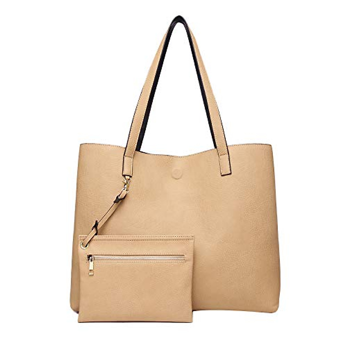 ilishop Stylish Tote Bag Reversible Shoulder Handbag with Coin Purse for Women (Black-khaki)