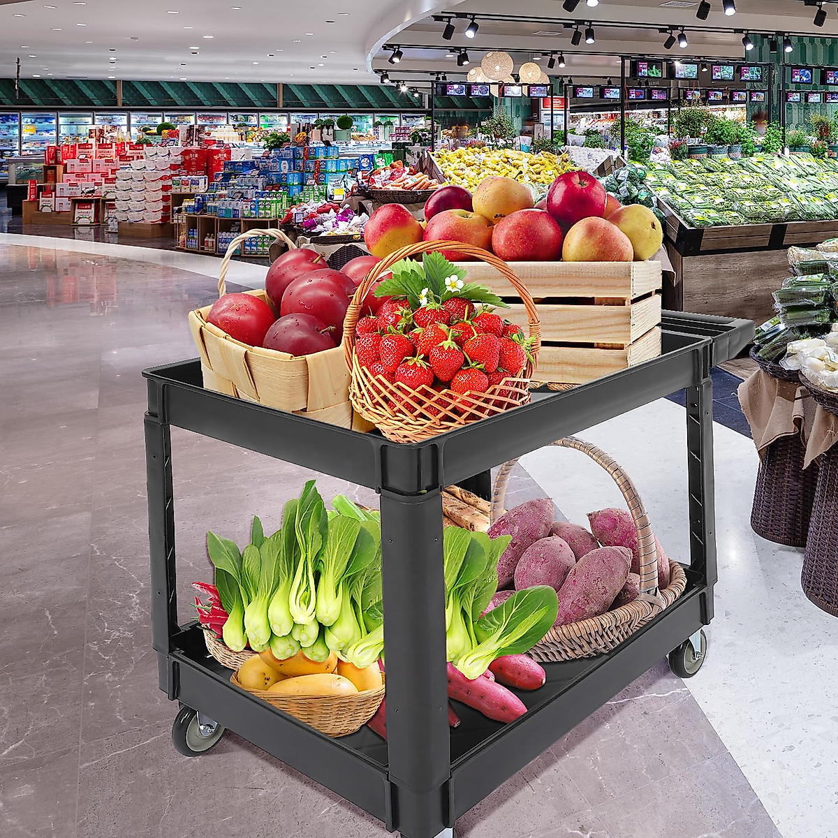 Service Cart 2-Shelf, 500 lbs Capacity, Storage Handle, for Warehouse/Garage/Cleaning/Manufacturing, 45"X25"