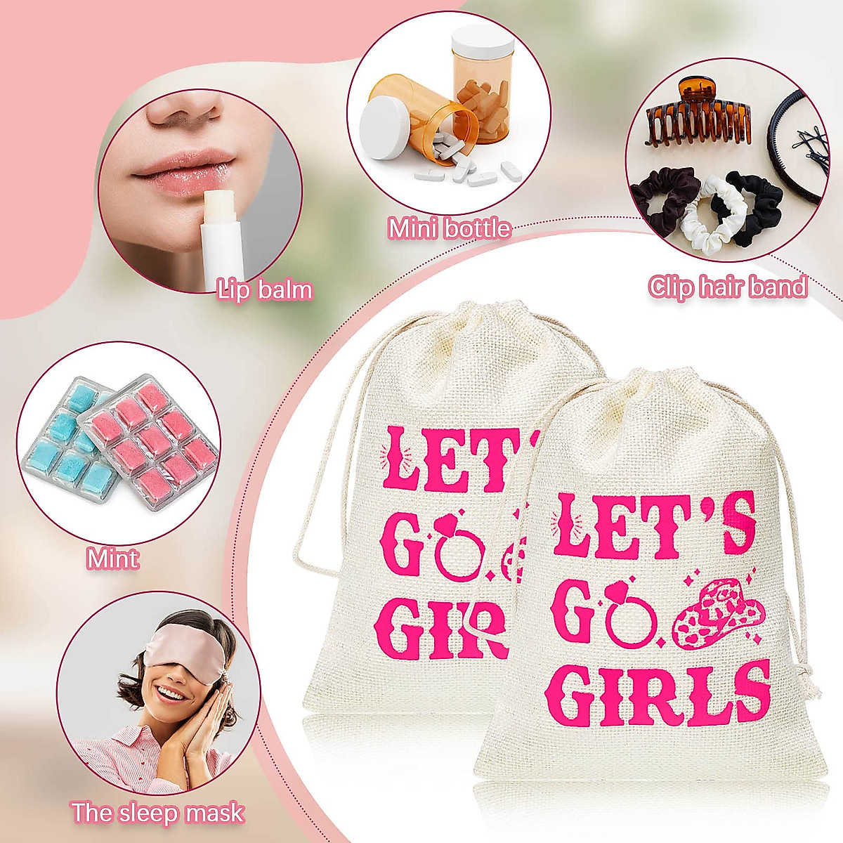 Dunzy 12 Pieces Let's Go Girls Party Bags Western Cowgirl Hangover Recovery Bags with Drawstring Bachelorette Hot Pink Bridal Shower Party Favor Bags Wedding Bachelor Party Supplies(5.9 x 7.9 Inch)