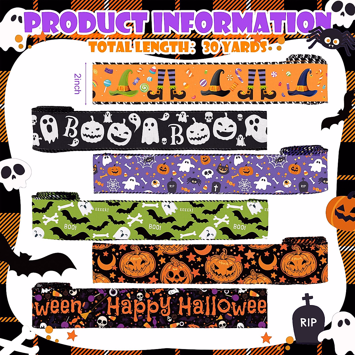 Yuxung 6 Rolls 30 Yards Halloween Wired Edge Ribbon for Wreaths Bat Spider Web Pumpkin Print Grosgrain Ribbon Ghost Witch Hat and Leg Ribbon Halloween Party Decorative Ribbon Supplies