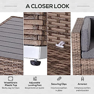 Outsunny 7-Piece Patio Furniture Set, Outdoor Wicker Conversation Set, All Weather PE Rattan Sectional Sofa Set with Cushions and Faux Wood Table, Stripe Pillows, Gray