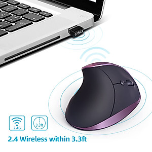 Woddlffy Ergonomic Mouse Wireless,Rechargeable Vertical Mouse Right Handed Small Mouse with 6 Buttons 1000/1200/1600 for Laptop,Desktop,PC, MacBook（Purple