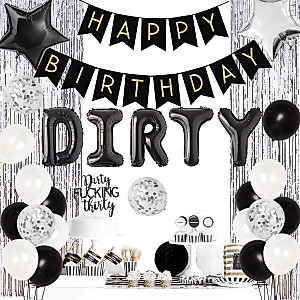 Fangleland 30th Birthday Party Decorations Silver and Black, Dirty Thirty Banner Balloon Dirty 30 Sash Cake Topper for for Her Him 30 Years Old Birthday Party Supplies