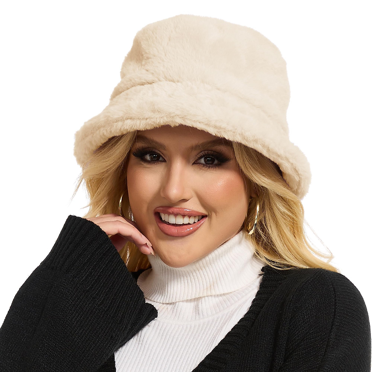 Sydbecs Winter Bucket Hat Fluffy Faux Fur Fisherman Cap for Women Men Solid Color Style(Beige)