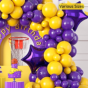 GREMAG Purple and Yellow Balloons, 113 Pcs Dark Purple Yellow Balloon Garland Kit, with Two 18inch Purple Star Foil Balloon, for Basketball Sport Theme Party Birthday Boys Anniversary Decorations