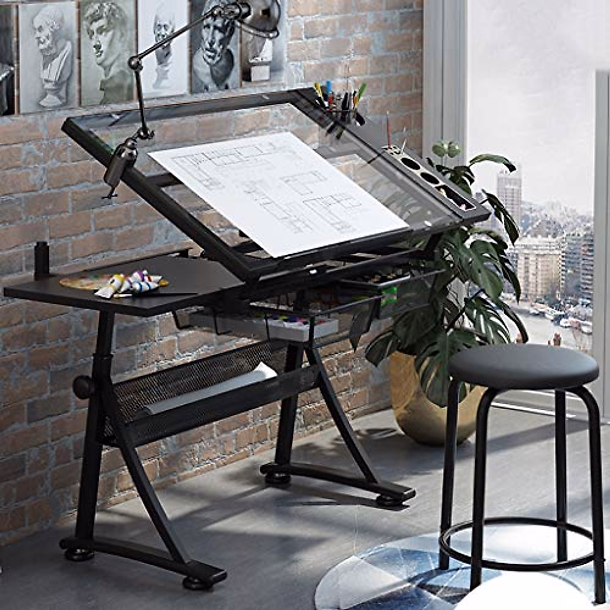 EESHHA Drawing Table Drafting Desk, Drafting Table with Storage, Height Adjustable Tiltable Art Desk, Glass Panel Drawing Desk, for Work Study Painting Craft Table