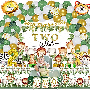 Two wild Birthday Decorations for Boys Girls, 159 Pcs Jungle Safari Theme Party Supplies for Baby - Two wild Backdrop, Cake, Cupcake Toppers, Cupcakes Wrappers, Balloons, Tablecloth, Palm Leaves,