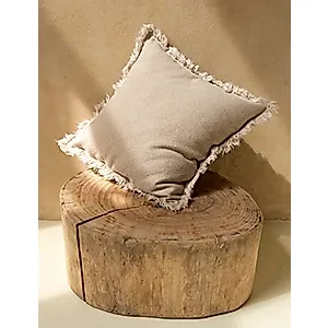5F Balcony Decorative Boho Linen Throw Pillow Cover with Handmade Fringes - Neutral Beige Pillow Cover 18 × 18, Soft Solid Square Cushion Cover for Couch Bed Patio Outdoor