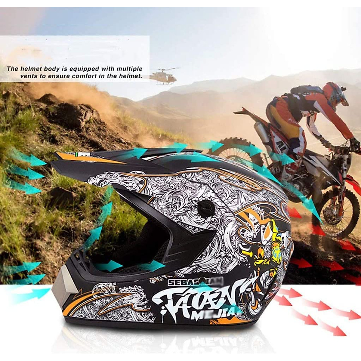 Youth Adult Motocross Off Road Bluetooth Helmet, Sport Motorcycle Motocross ATV Dirt Bike Helmet Street Racing Off Road Full Face Helmet with Gloves Goggles Mask - DOT Approved -B-Large