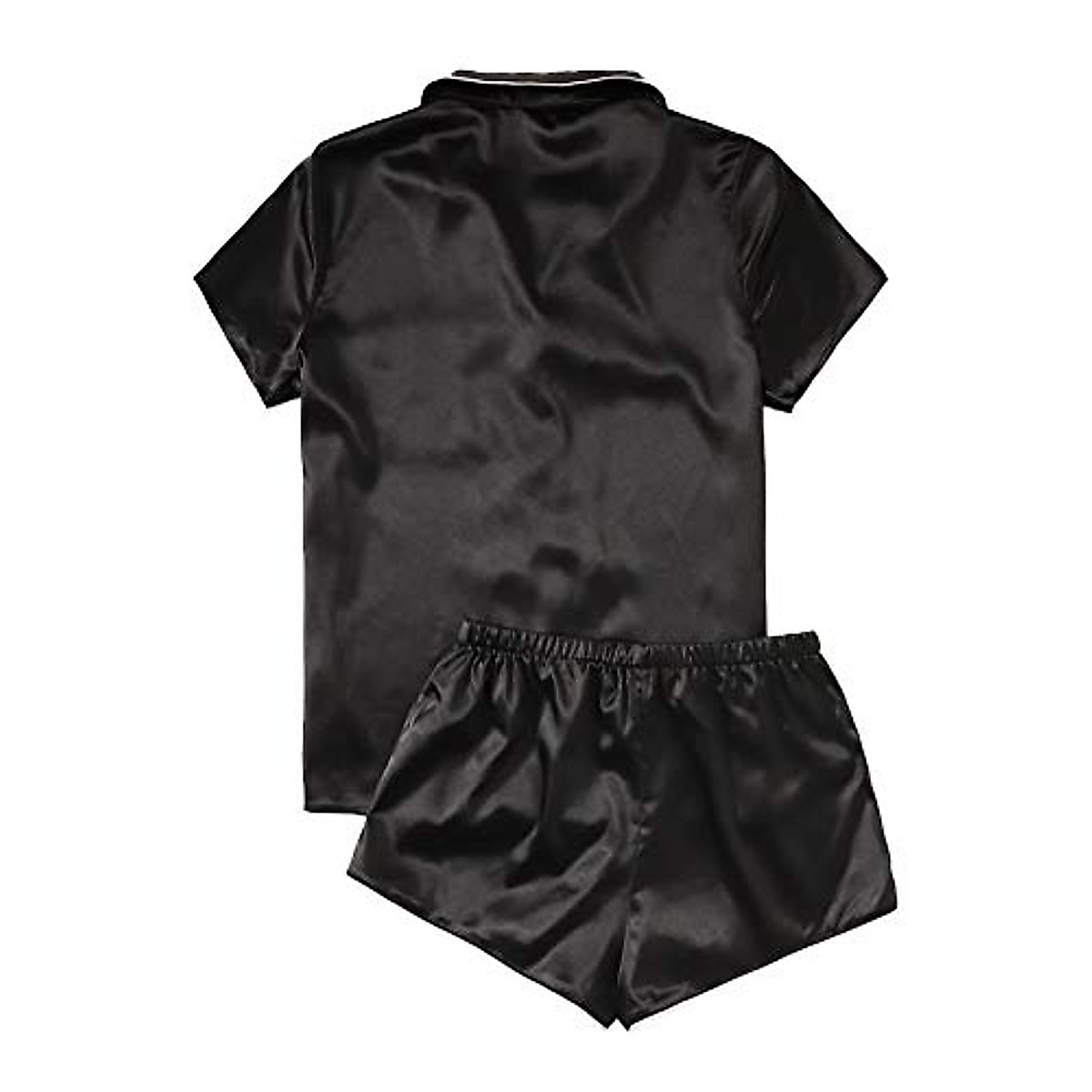 WDIRARA Women's Sleepwear Striped Satin Short Sleeve Shirt and Shorts Pajama Set Dull Black S