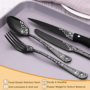 EUIRIO 36-Piece Black Silverware Set with Steak Knives, Black Flatware Set for 6, Stainless Steel Mirror Cutlery Set, Spoons Forks Knives Set with Unique Floral Laser, Eating Utensils, Dishwasher Safe