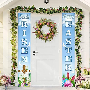 He Is Risen Banner, 71" X 12" He Is Risen Easter Decorations Porch Sign Happy Easter Banner Easter Door Decorations Porch Banner Easter Christian Cross Resurrection Religious Holiday Front Door Sign