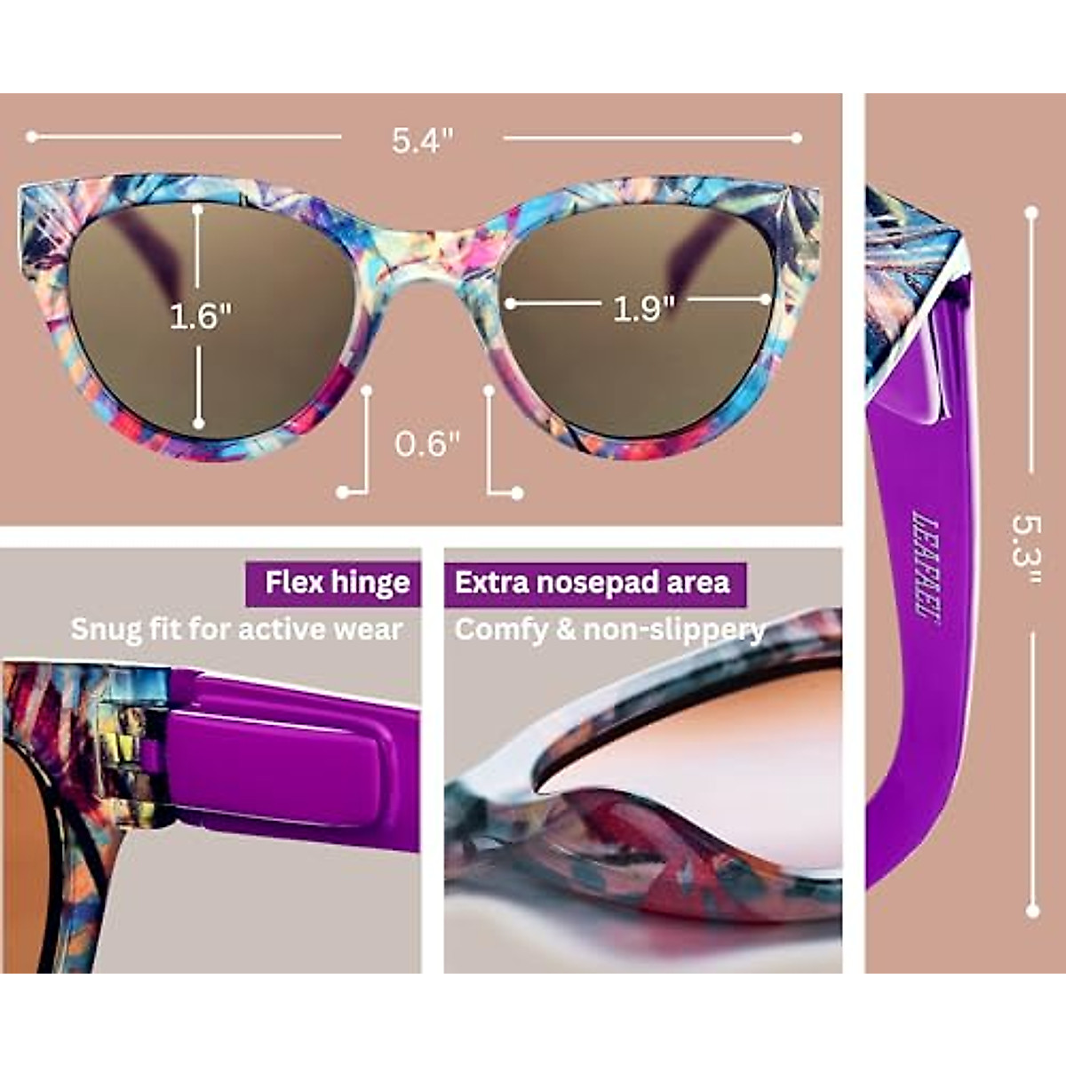 Leafael Sunglasses Womens Trendy Retro Purple Floral Designs | Polarized Lens UV Protection | Round Cat Eye Frame | Casual & Active