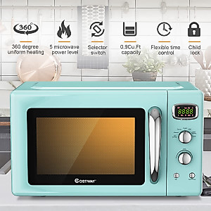 Retro Microwave Oven, SIMOE Compact Countertop Microwave 0.9 cu.ft. 900 W, Defrost & Auto Cooking Function, LED Display, Child Lock and Glass Turntable, ETL Certification