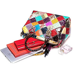 Women's Purses and Bags Multicolored, Genuine Leather Patchwork Tote Bag Large Capacity with A Detachable Shoulder Strap
