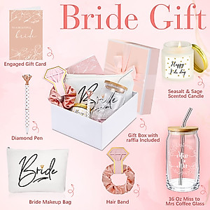 7 Pcs Bride Gifts Bridal Shower Gift Including Mrs Can Shaped Drinking Glass with Straw Bride Makeup Bag Crystal Pen Scented Candle Scrunchies Raffia Wedding Card Gift Box for Bridal Shower (Pink)