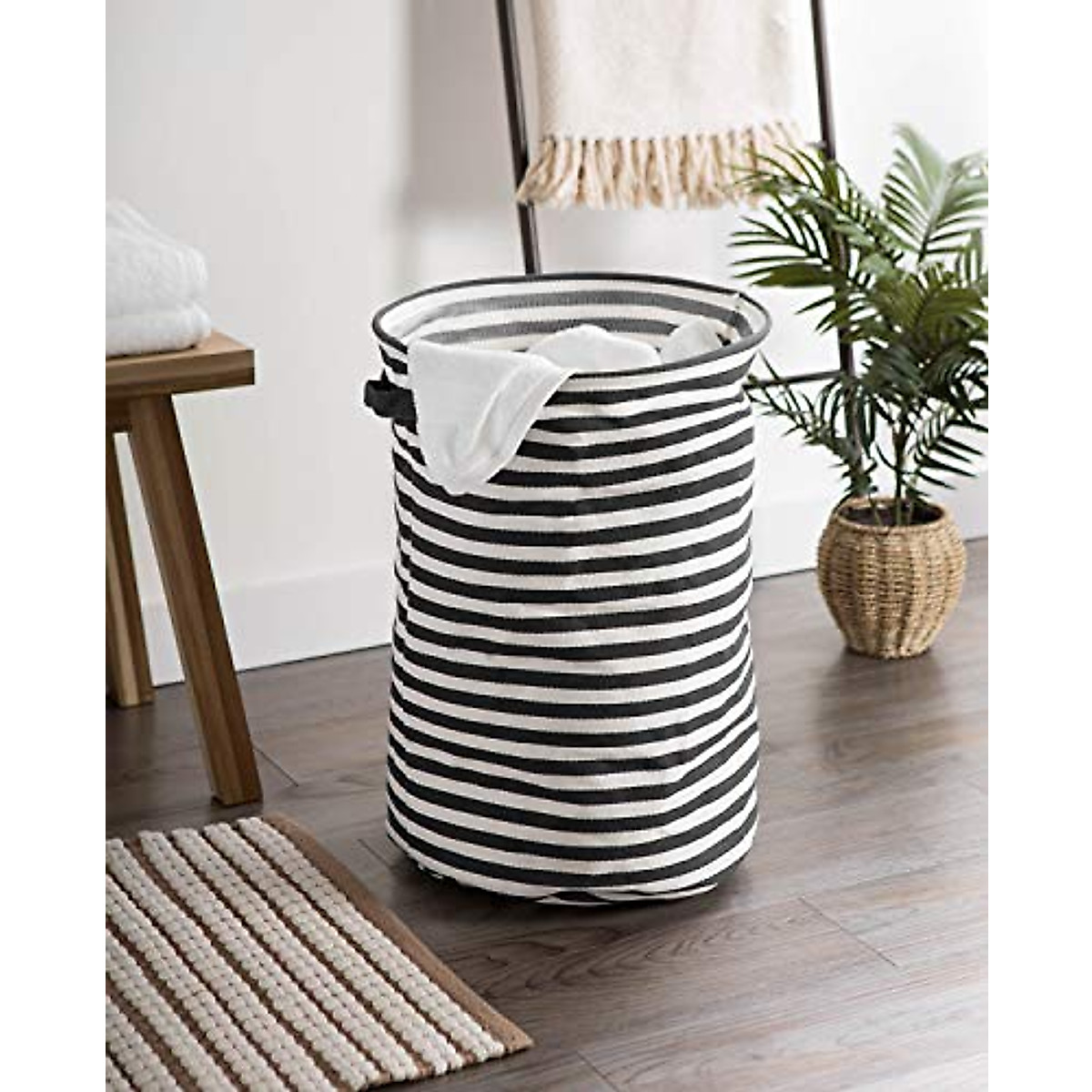 DII Laundry Storage Collection Cabana Stripe Collapsible and Waterproof Bins, Round Hamper, 13.75x20, Black
