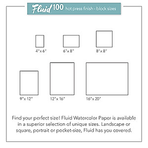 Fluid 100 Artist Watercolor Block, 140 lb (300 GSM) 100% Cotton Hot Press Pad for Watercolor Painting and Wet Media w/Easy Block Binding, 8 x 8 inches, 15 Sheets