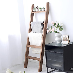 FUIN 5ft (58") Wood Blanket Ladder Living Room Decorative Wall Leaning Farmhouse Quilt Display Holder Shelf Rustic Wooden Towel Rack for Bathroom, Brown