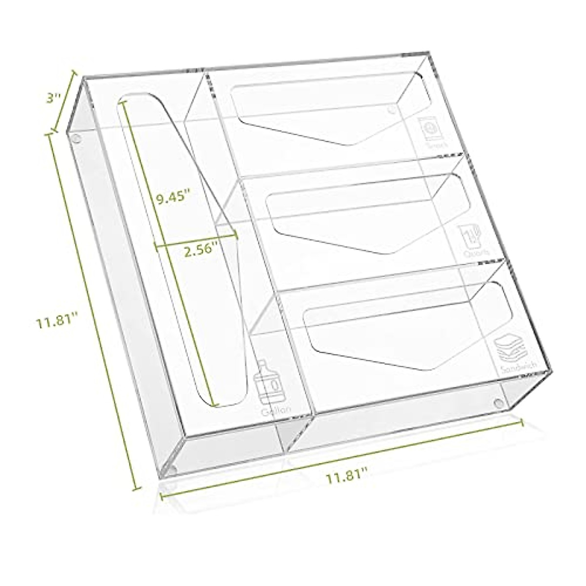 Food Bag Storage Organizer, KEPDTAI Ziplock Bag Organizer Holders Acrylic Kitchen Drawer Compatible with Ziploc, Solimo, Hefty, Glad, Gallon, Quart, Sandwich, Snack, Variety Size Bags (Clear)