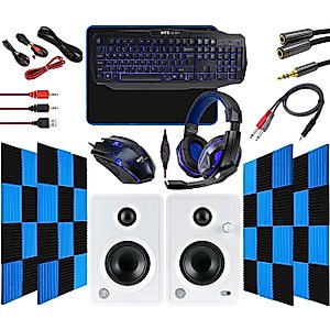 RitzGear Blue Gaming Accessories Kit I 4-in-1 LED Combo with Multimedia Keyboard, Optical Mouse, Mouse Pad & Headset with Adapter with CR3-X White Monitors and 24 Pack Acoustic Soundproof Wedge Panels