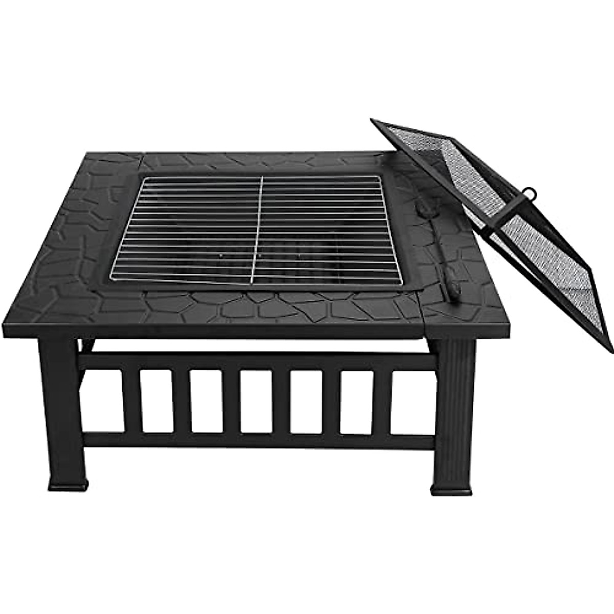 Fire Bowl Frame 32" Square Metal Grate Grill Mesh Lid Rain Cover Outdoor Heating Pits Fireplaces Patio Lawn Garden Cooling Stove Burning Backyard BBQ Barbecue Airflow Family Friend Camping Picnic