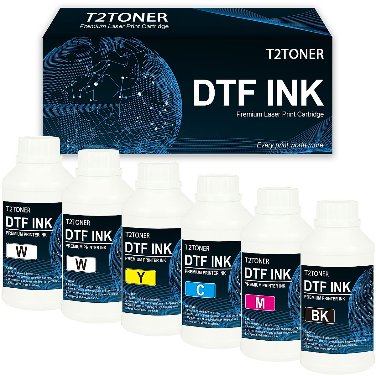 T2TONER DTF 6 x 250ML Ink Replacement for printhead R1390 R2400 R2800 L1800 L1430 L800 P408 P400 P608 XP-15000 Printer.2W+BCMY
