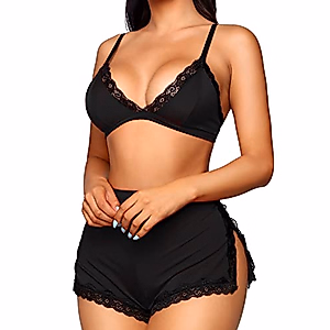 RSLOVE Sexy Pajamas for Women Soft Lingerie Set Lace Trim Sleepwear 2 piece Pjs Shorts Set Black S