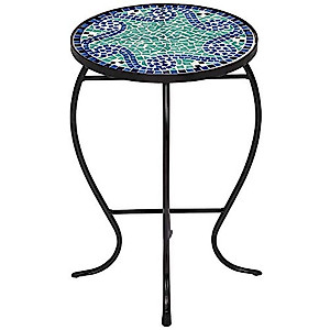Teal Island Designs Ocean Wave Modern Industrial Black Iron Metal Round Outdoor Accent Side Table 14" Wide Light Green Mosaic Tile Tabletop Gracefully Curved Legs for Porch Patio House Balcony Deck