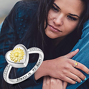 Fookduoduo Sterling Silver Sunflower Urn Ring Creamation Jewelry for Ashes Always in My Heart Urn Finger Rings for Women for Remembrance Keepsake Gift for Loss of Loved Furry Friend (7)