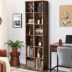 MIN WIN 6-Tier Wooden Tall Narrow Open Bookcase and Bookshelves, 68.5" Modern Freestanding Cube Display Storage Organizer Shelf, Corner Bookcase Narrow Bookshelf with Storage Space, Rustic