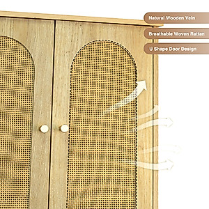 Rattan Toilet Storage Cabinet, Over the Rack Wood Cabinet with Metal Stand, Bathroom Organizer with Adjustable Shelf, Tall Freestanding Washer Shelf, Small Cupboard, Space Saver, Natural style