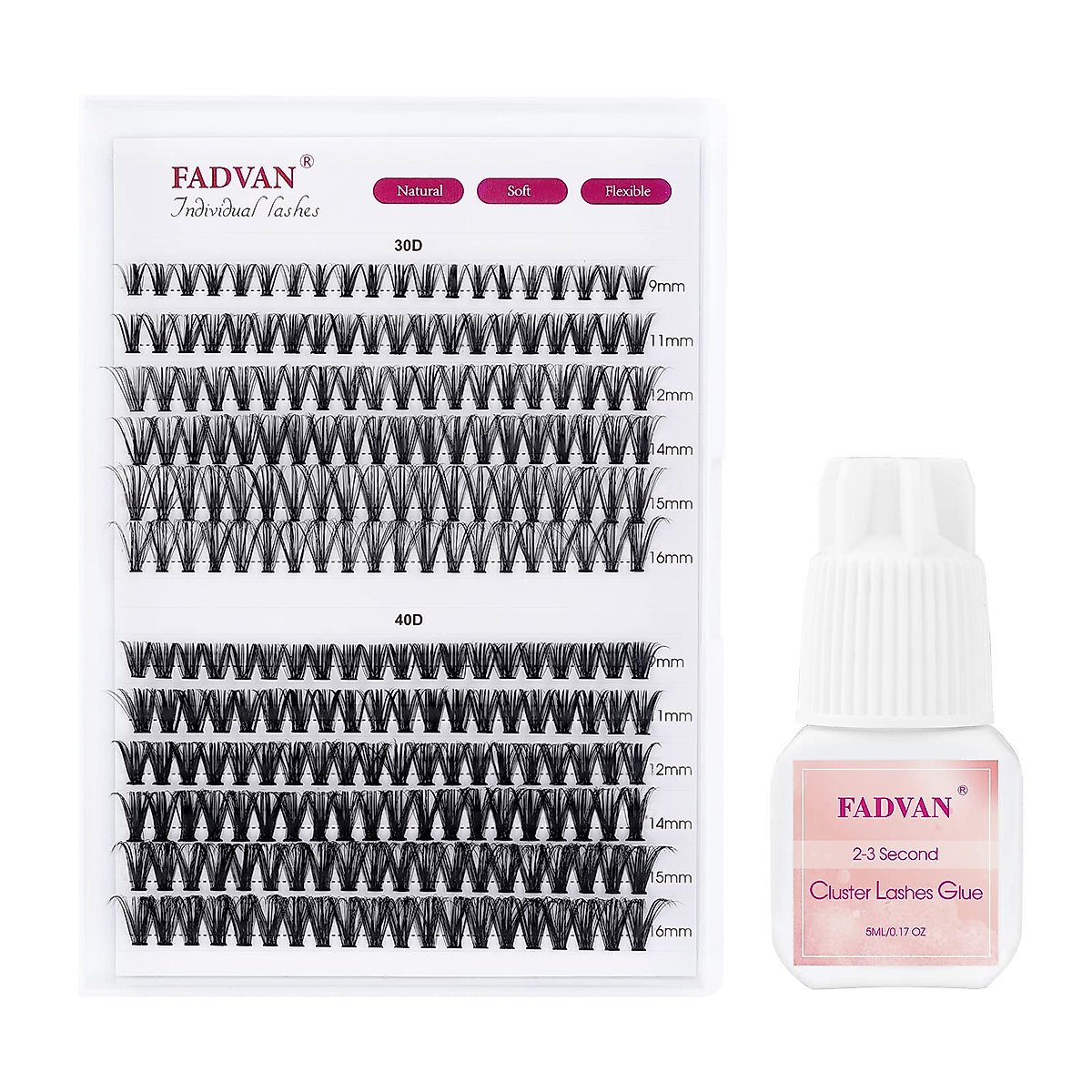 FADVAN Individual Cluster Lashes Glue 5ml and 240Pcs DIY Eyelash Extension 30D+40D D Curl Mixed 9-16mm Bundle