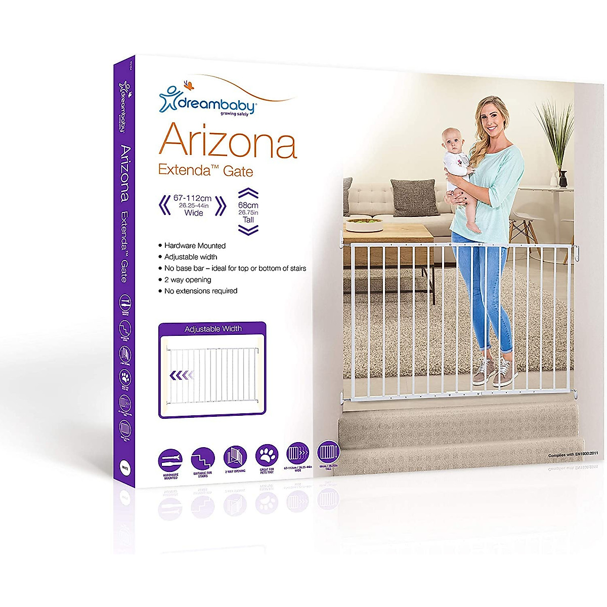 Dreambaby Arizona Extenda Baby Safety Gate - Hardware Mounted Gates - with Adjustable Width from 26.75-44 inches - White - Model L2164BB