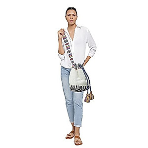 The House of Tara Grey Multicolour Handloom Fabric Crossbody Sling Shopping Bag with Tassels and Boho Ethnic Design for Women