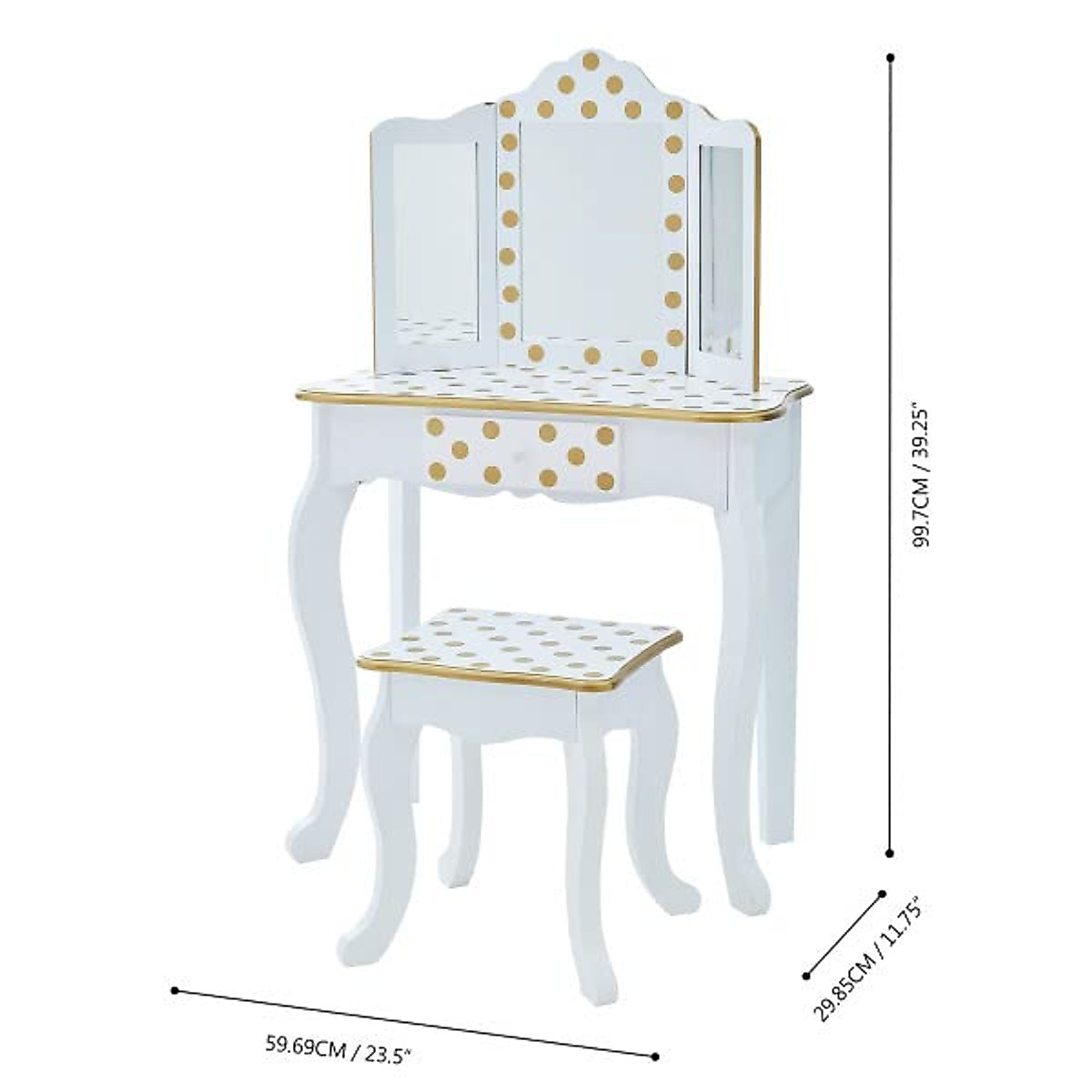 Teamson Kids Princess Gisele Polka Dot Print 2-Piece Kids Wooden Play Vanity Set with Vanity Table, Tri-Fold Mirror, Storage Drawer, and Matching Stool, White with Gold Polka Dot Accent