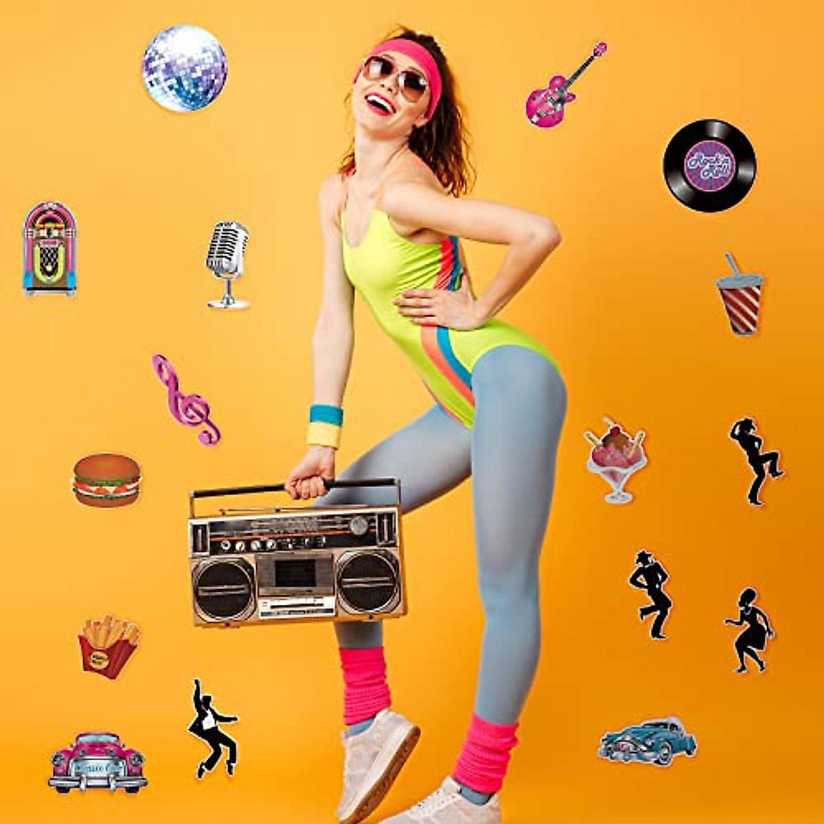 Retro 50s Party Decorations - 48 Vibrant Cutouts & Stickers