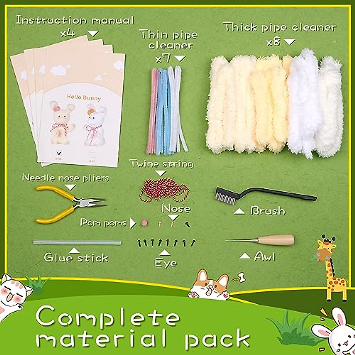 Pipe Cleaners Craft Supplies, Pipe Cleaners Kit for Beginners, Chenille Stems Animal Kit with Thick Pipe Cleaner, Step-by-Step Tutorials Video, Pipe Cleaners for Craft (4 Light Colors Animals)