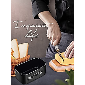 AISBUGUR Large Butter Dish with Lid Ceramics Butter Keeper Container with Knife and High- quality Silicone Sealing Butter Dishes with Covers Good Kitchen Gift Black