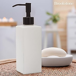BROOKSTONE, Ceramic Soap Dispenser with Metallic Top - Stylish and Modern Liquid Hand Soap Holder for Bathroom or Kitchen, Square, White