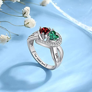 Personalized Promise Rings for Her Love Heart Women Engagement Custom Names Mothers Ring with 2 Simulated Birthstones Jewelry for Women (7)