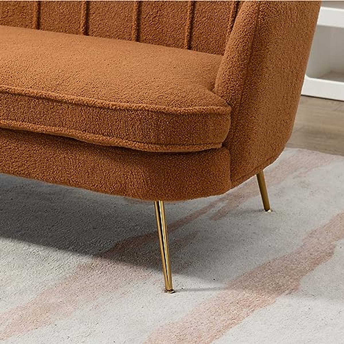 59" Wide Modern Loveseat Small Sofa Couch Mini Room Couch Boucle Upholstered Two-Seater Sofa with Gold Metal Legs, Channel Tufted Back Loveseat Sofa for Small Space Bedroom Studio Apartment, Caramel