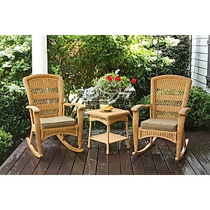 Tortuga Outdoor Portside Plantation 3pc Rocking Chair Set - White, Dark Roast and Amber Wicker with Cushions (Amber)