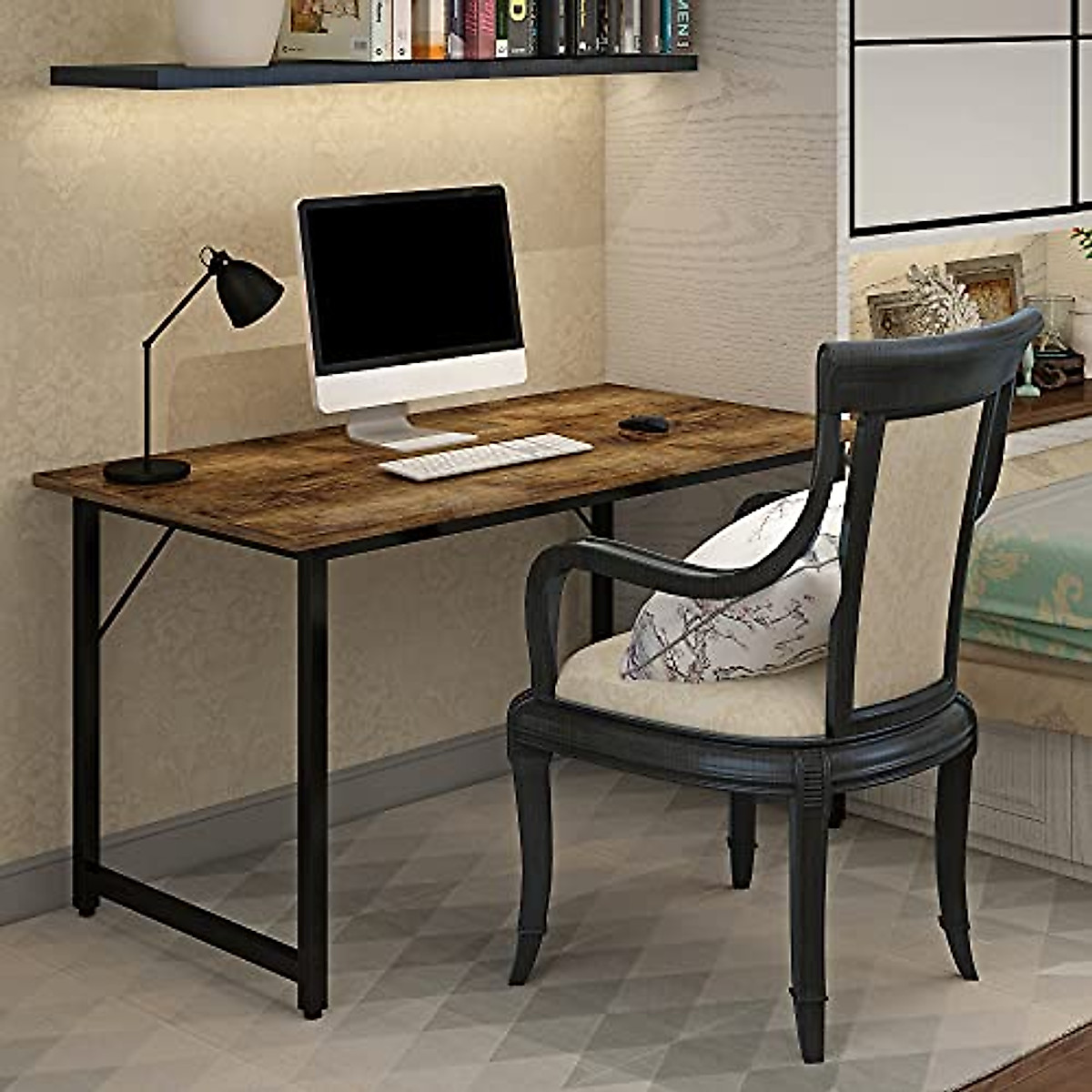 MJWDP Office Table A Simple Industrial Style Computer Desk Home Office Writing Desk Black Metal Frame Charcoal Wood Color