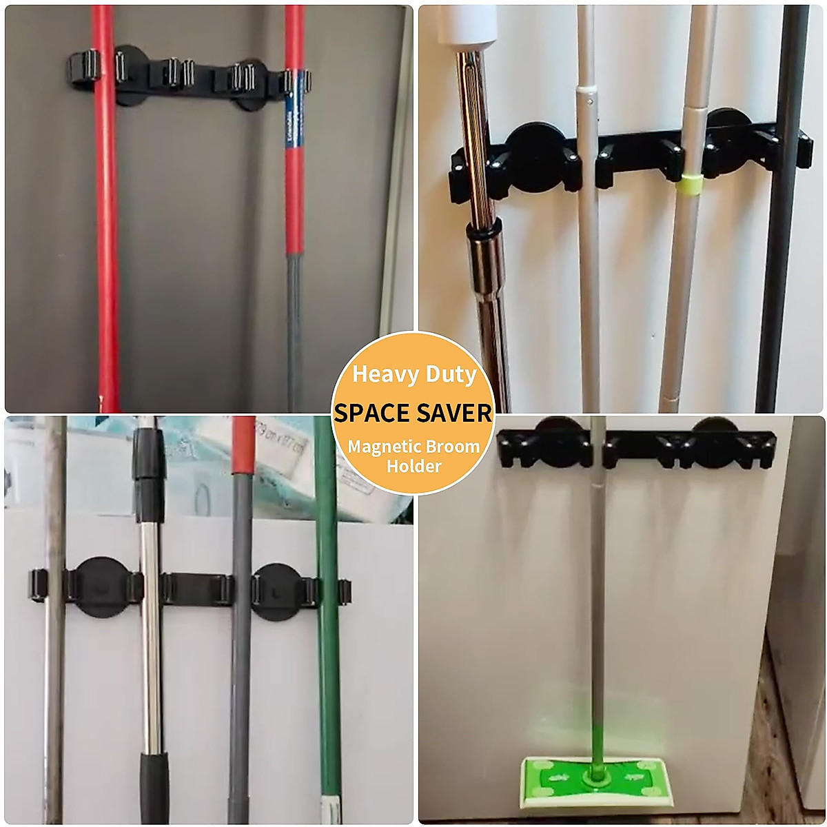 UNUSFIRE Magnetic Broom Holder,Strong Magnetic Mount Broom and Mop Holder 4 Racks for Cleaning Tools,Non-slip Magnetic Tool Holder Broom Hooks for Apartment RV Accessories Camper Garage Kitchen