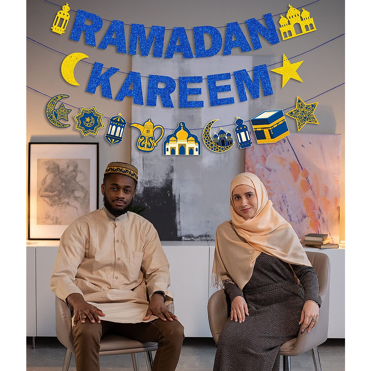 JKQ Blue Glitter Ramadan Kareem Banner and Lantern Star Moon Castle Pattern Banner Muslim Ramadan Mubarak Garland Banner Islamic Eid Mubarak Festival Celebration Party Fireplace Decorations