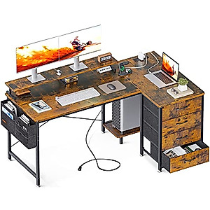 ODK 55 inch L Shaped Computer Desk with USB Charging Port & Power Outlet, L-Shaped Corner Desk with 4 Tier Drawer & Monitor Shelf for Home Office Workstation, Modern Style Writing Table, Vintage