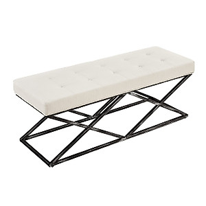 24KF Upholstered Tufted Long Bed Bench with Metal Frame Base, Linen Fabric Entryway Bench and Dining Bench- Ivory