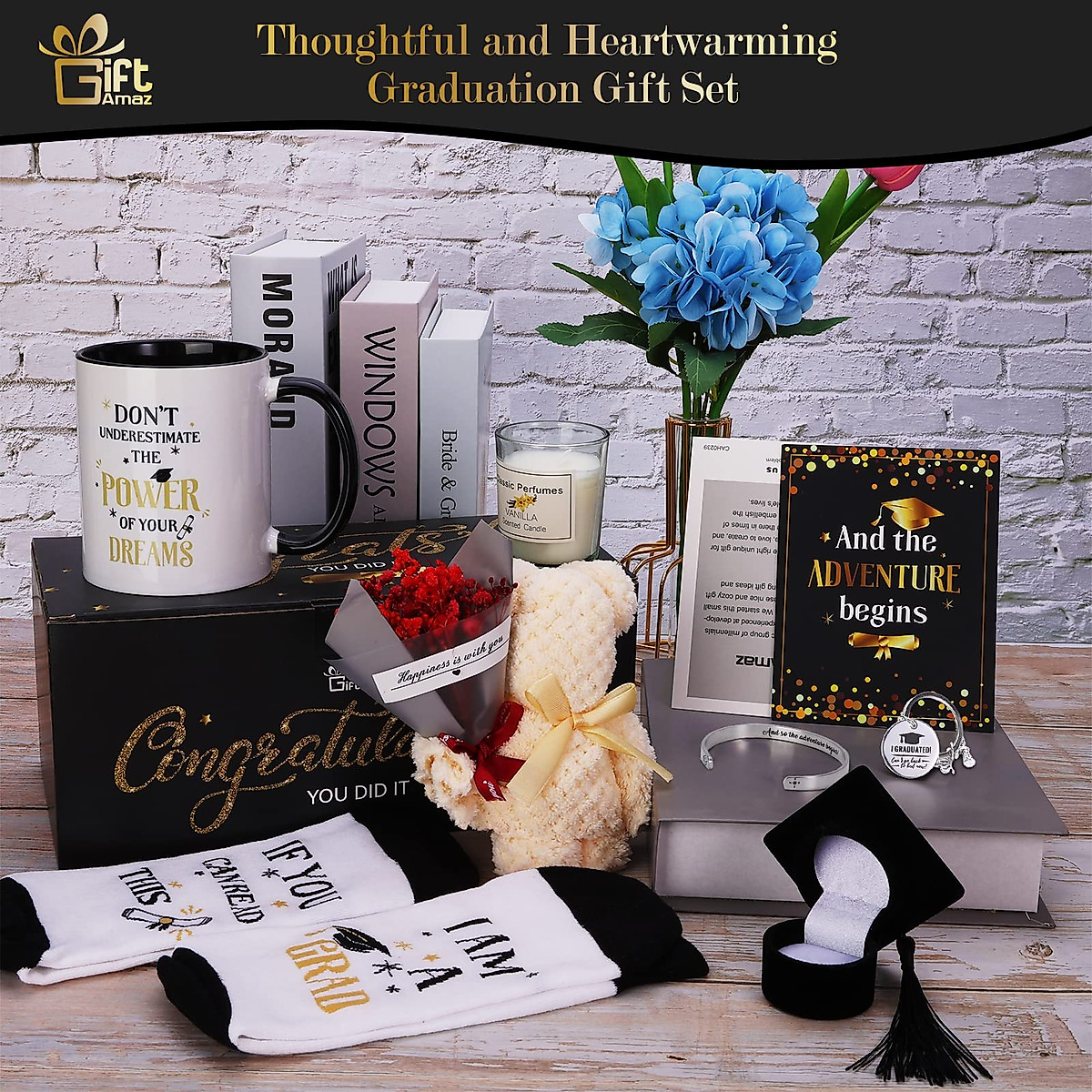GiftAmaz 2024 Graduation Gifts Set for Her, Congrats Grad Gift Basket Set Include Coffee Mug, Keychain, Bracelet, Candle & Flower for Senior College Graduated Women Girl Congratulations Birthday Gift