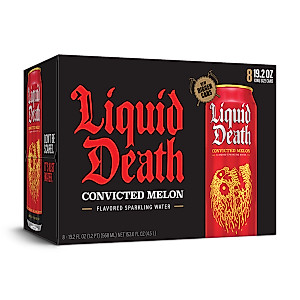 Liquid Death, Convicted Melon Sparkling Water, Watermelon Flavored Sparkling Beverage Sweetened With Real Agave, Low Calorie & Low Sugar, 8-Pack (King Size 19.2oz Cans)
